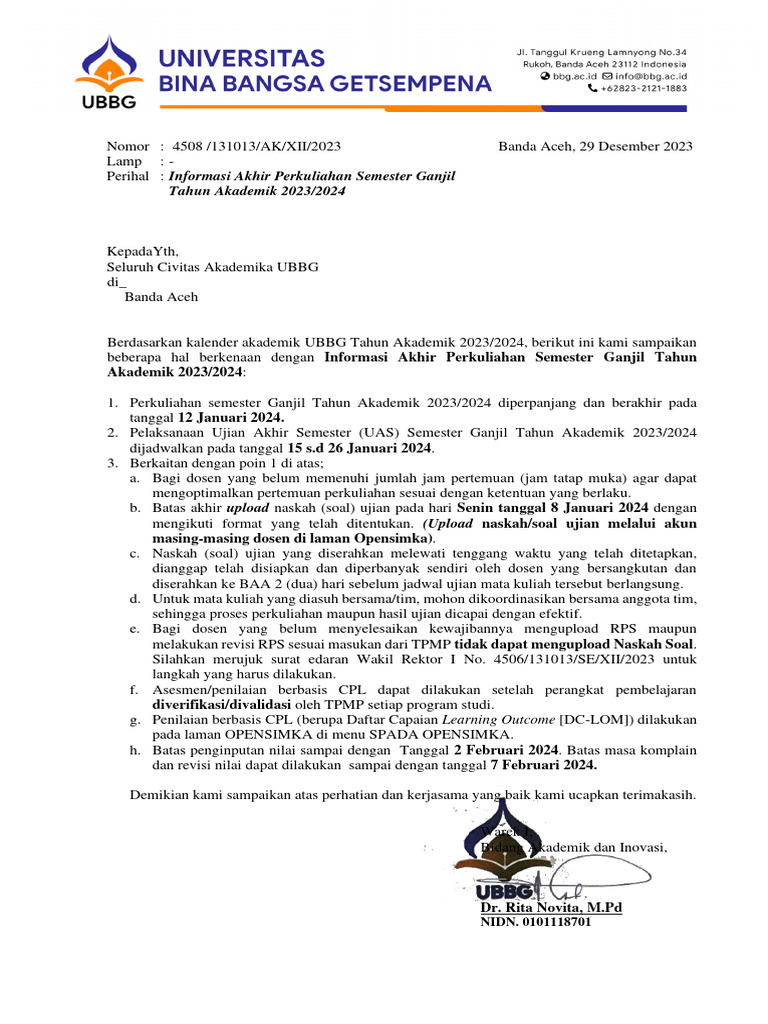 Surat Edaran Akhir Perkuliahan Semester Ganjil 2023 2024 Fix | PDF