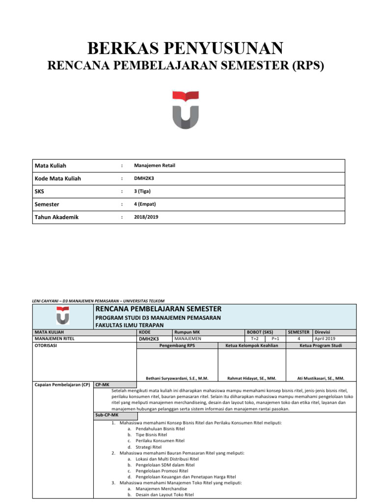 RPS Manajemen Retail 20182019 | PDF | Karier & Perkembangan | Seni