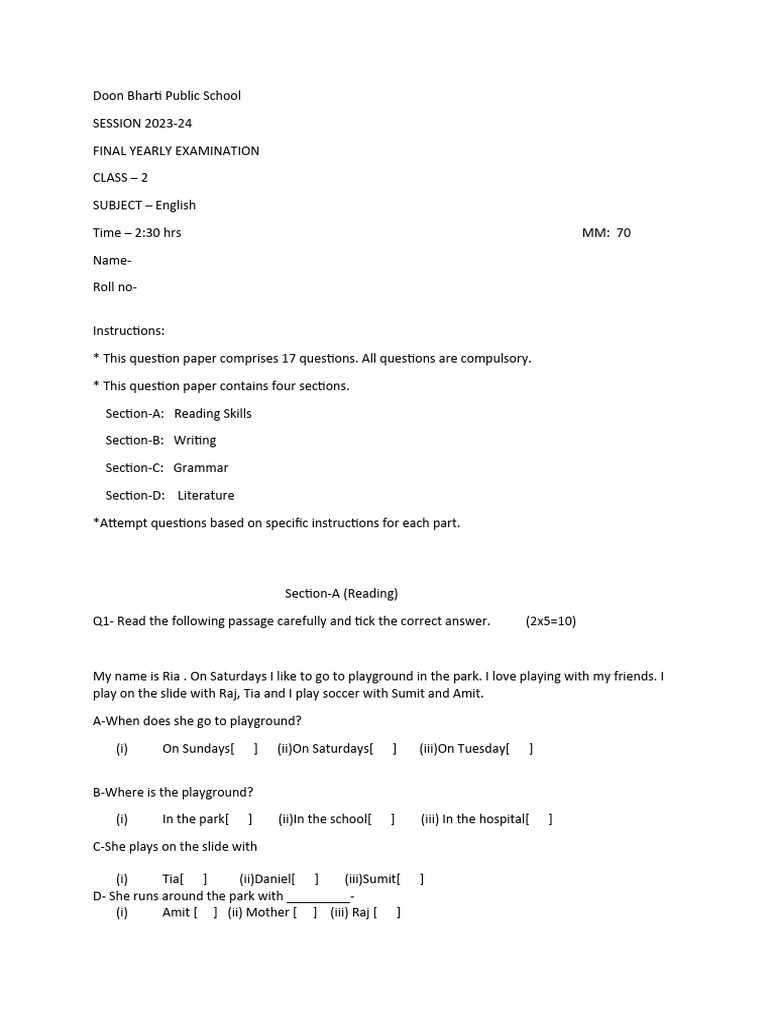 Final Exam Class 2 English Question Paper | PDF | Linguistics | Grammar