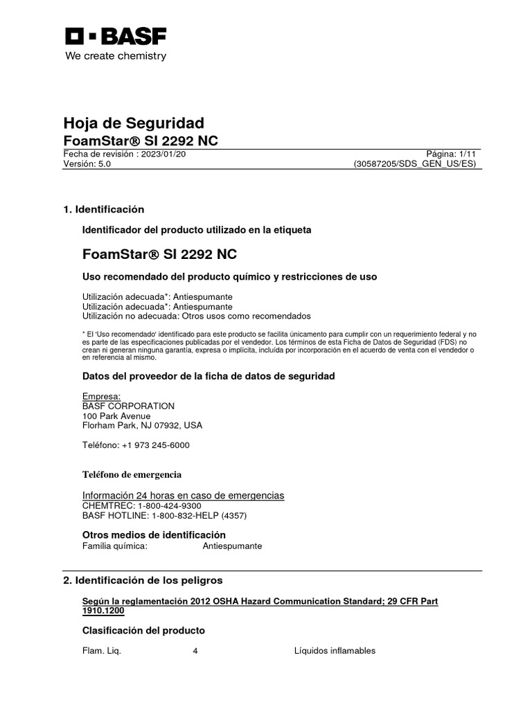Hoja de Seguridad FoamStar SI 2292 | PDF | Residuos | Toxicidad