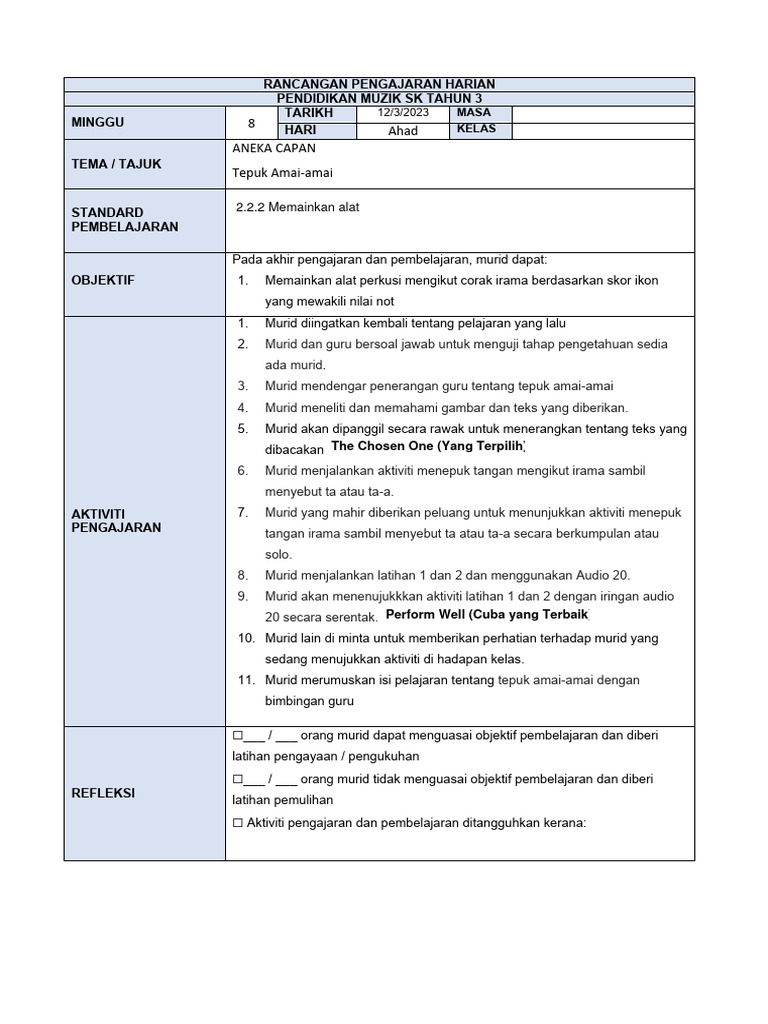 RPH Ringkas Minggu 8 Muzik THN 3 by Cikgu Gorgeous | PDF