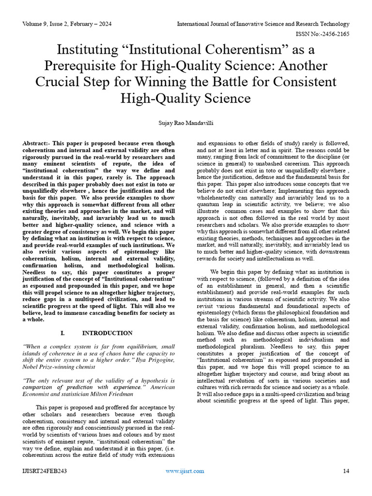 Instituting "Institutional Coherentism" As A Prerequisite For High ...
