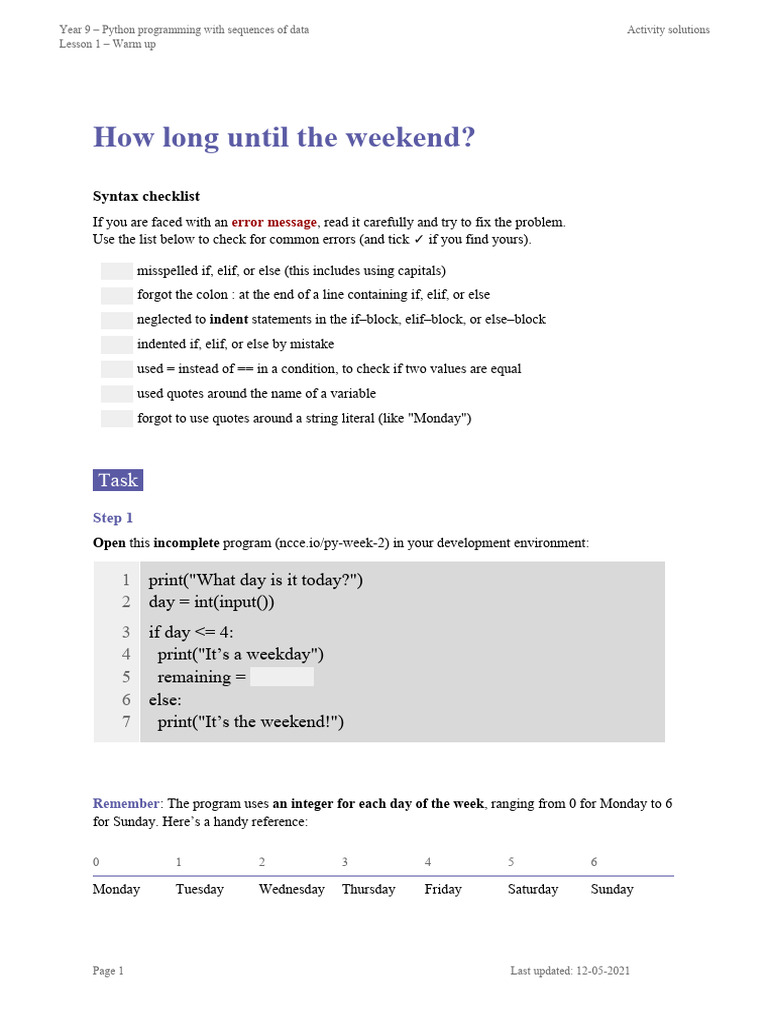 A2 Worksheet - How Long Until The Weekend | PDF | Computer Engineering | Software Development