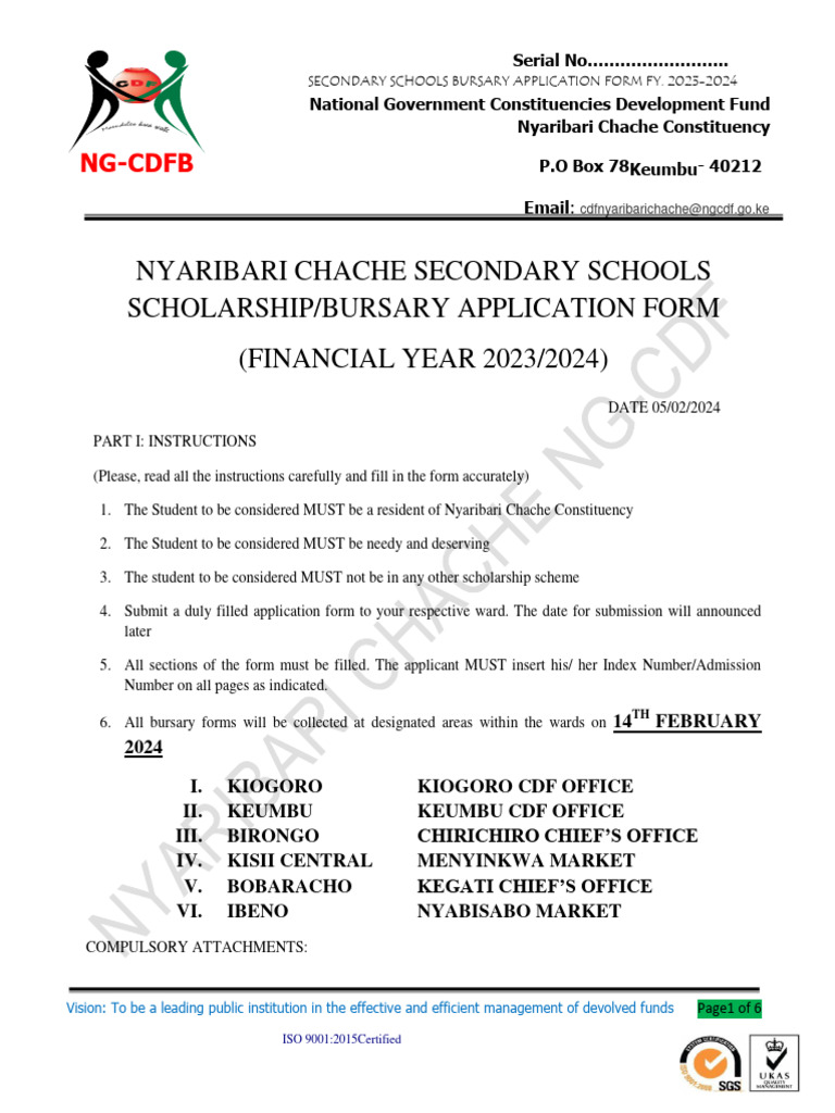 Nyaribari Chache Secondary School Bursary Form Fy 2022 - 2023 | PDF