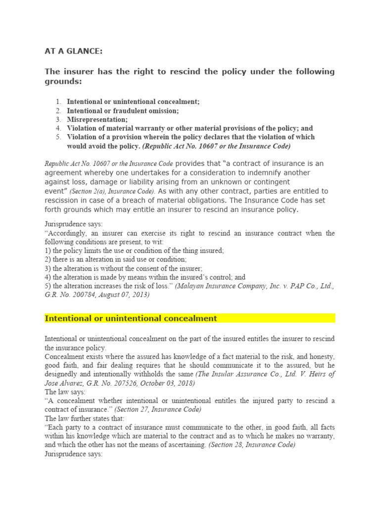 Rescission of Insurance Contracts | Download Free PDF | Insurance | Indemnity