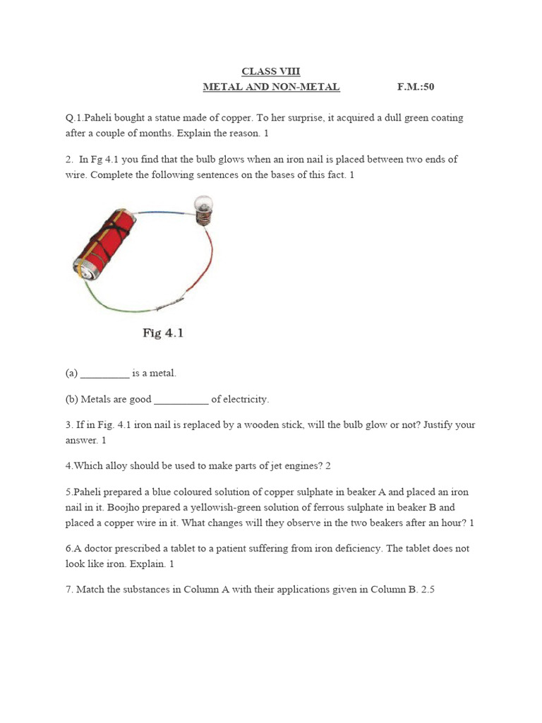 Metals and Non-Metals Quiz for Class 8 | PDF