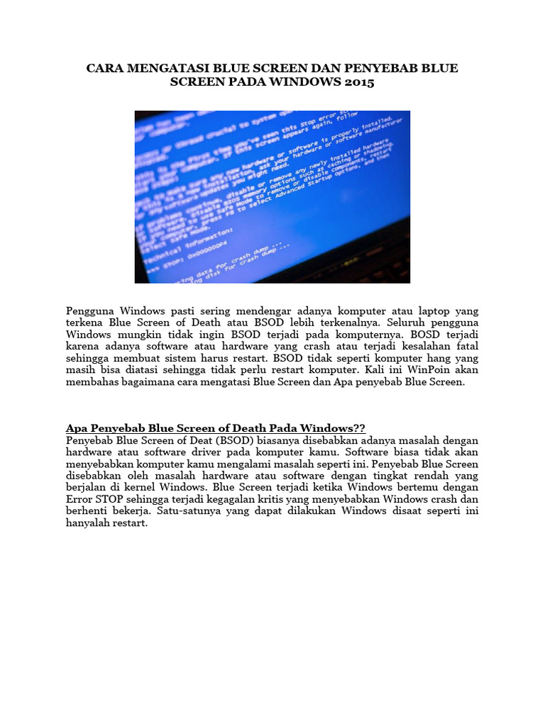 Cara Mengatasi Blue Screen Dan Penyebab Blue Screen Pada Windows 2015 | PDF