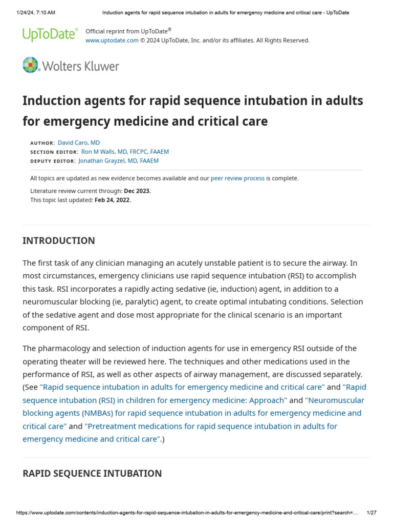 Induction Agents For Rapid Sequence Intubation in Adults For Emergency ...