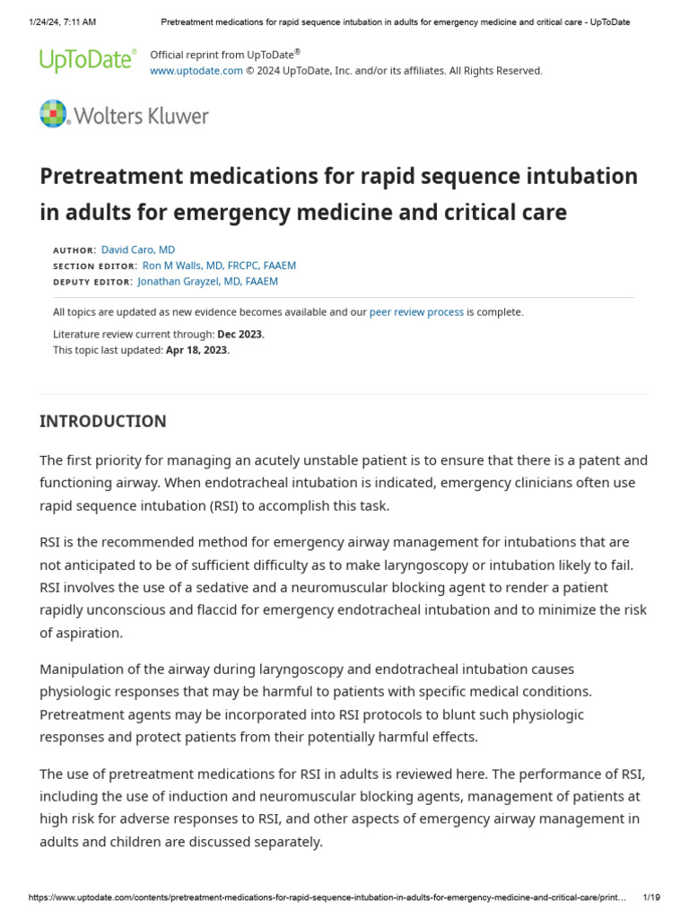 Pretreatment Medications For Rapid Sequence Intubation in Adults For ...