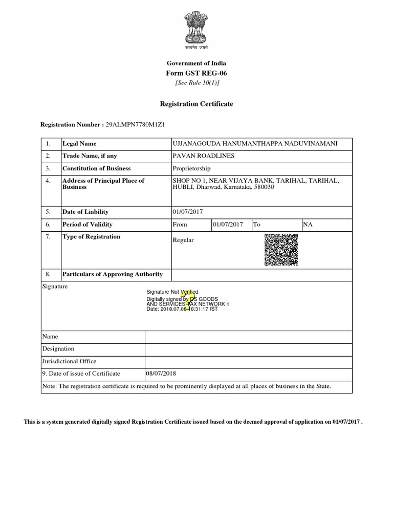 Pavan Roadlines GST Certificate | PDF | Business | Sole Proprietorship