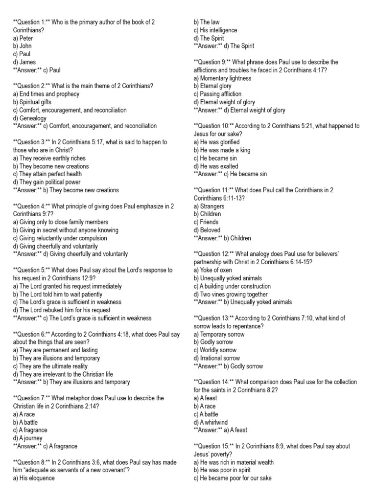 2 Corinthians MCQ Quiz | PDF | Paul The Apostle | Jesus