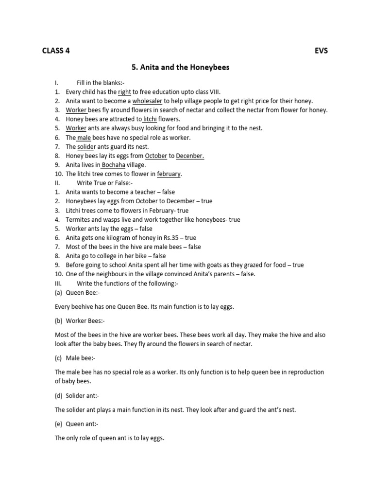 Class 4 Evs CH 5 Anita and The Honeybees | PDF | Honey Bee | Honey