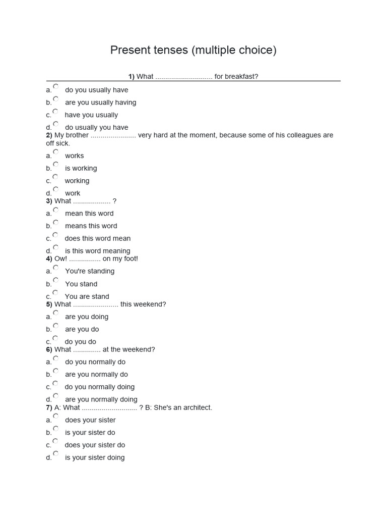 Present Tenses Multiple Choice Test | PDF