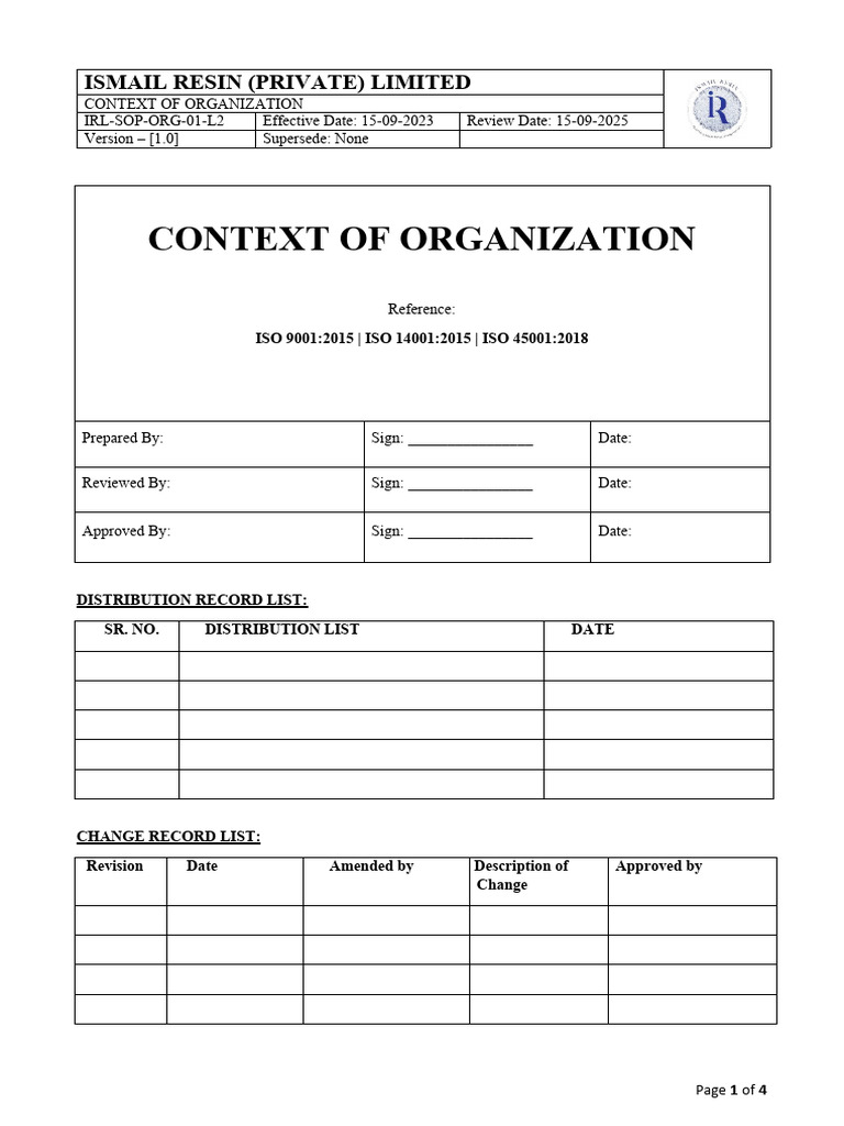 ISO 14001 Context for Ismail Resin | PDF