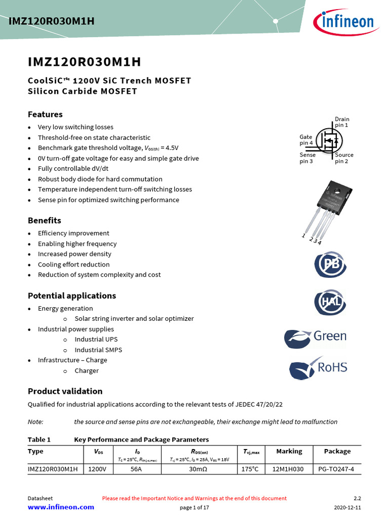Infineon IMZ120R030M1H DataSheet v02 - 02 EN | PDF | Mosfet | Electronic Engineering