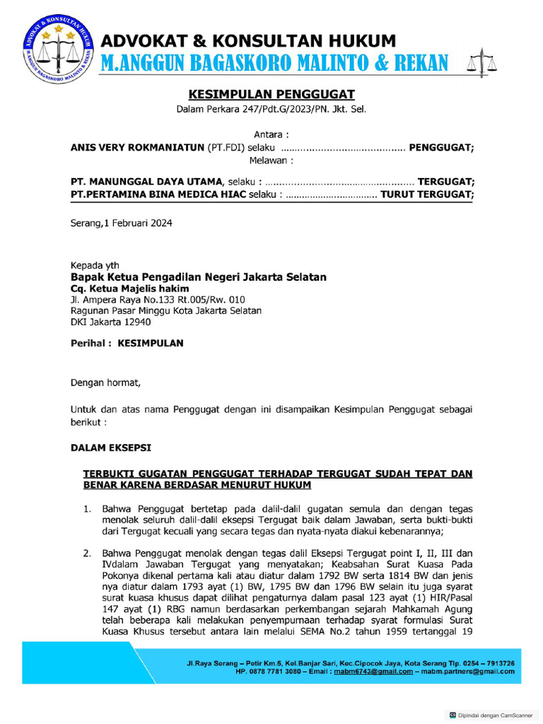 Kesimpulan Penggugat 247 PN JKT Sel. Fdi DG Mdu 01feb.2024 | PDF