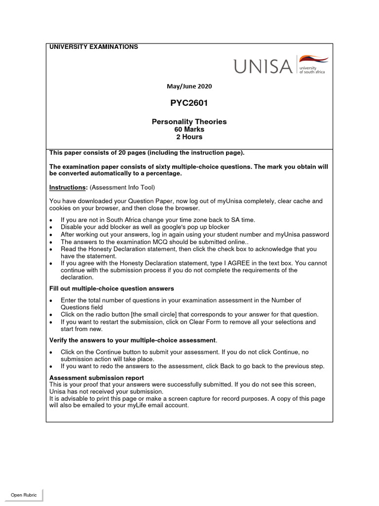 June 2020 Exam Memo Pyc | PDF | Id | Self Actualization