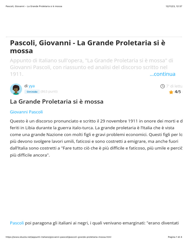 Pascoli, Giovanni - La Grande Proletaria Si È Mossa | PDF