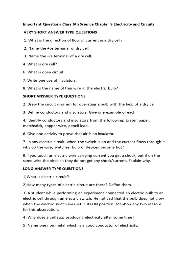 Class 6 Electricity and Circuits Q&A | PDF | Switch | Electricity