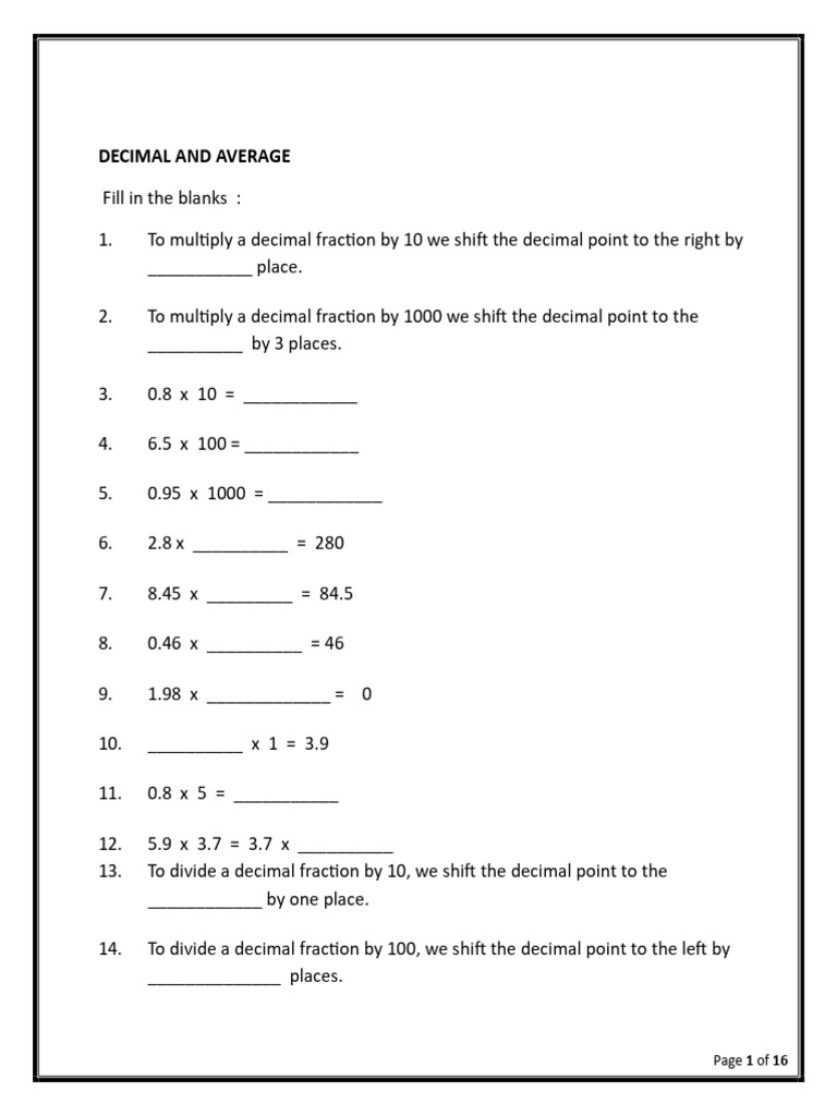 (Class 5th) Decimals and Average | PDF | Decimal | Numbers