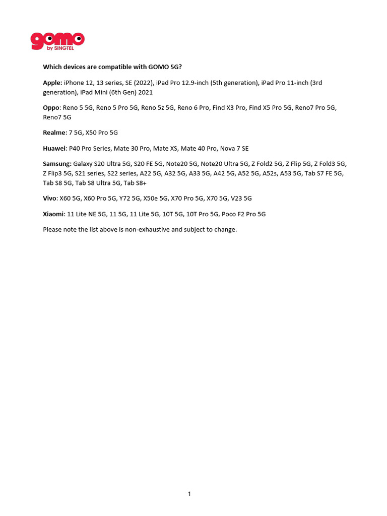GOMO 5g Compatible Models | PDF
