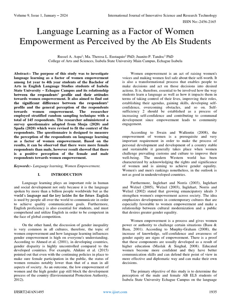 Language Learning As A Factor of Women Empowerment As Perceived by The Ab Els Students ...