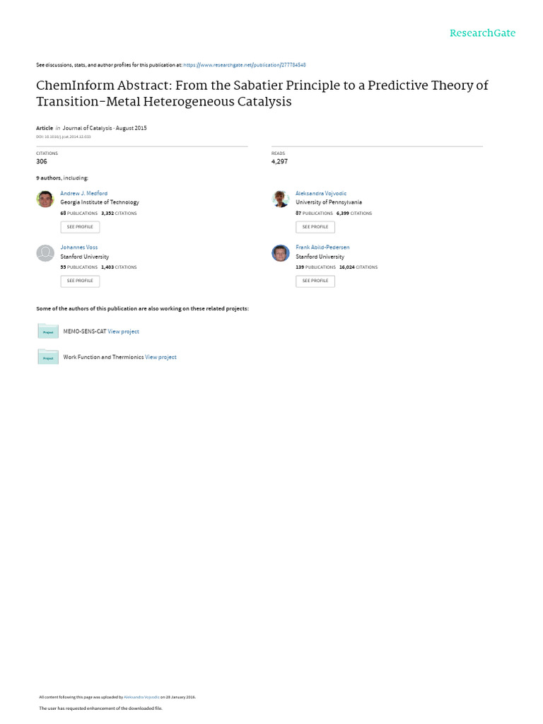 ChemInform Abstract From The Sabatier Principle To | PDF | Catalysis ...
