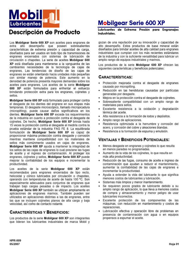 Mobilgear Serie 600 XP | PDF | Rodamiento (Mecánico) | Engranaje