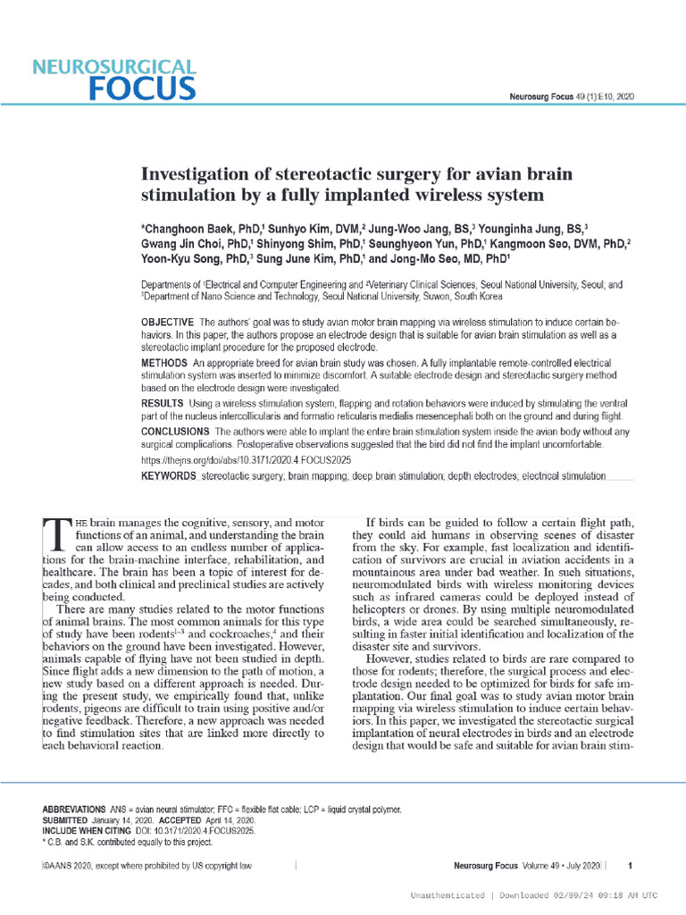 Investigation of Stereotactic Surgery For Avian Brain Stimulation by A Fully Implanted Wireless ...