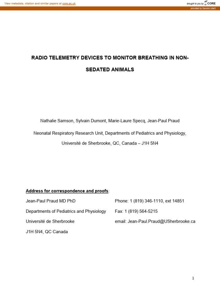 Radio Telemetry Devices To Monitor Breathing in Non-Sedated Animals ...
