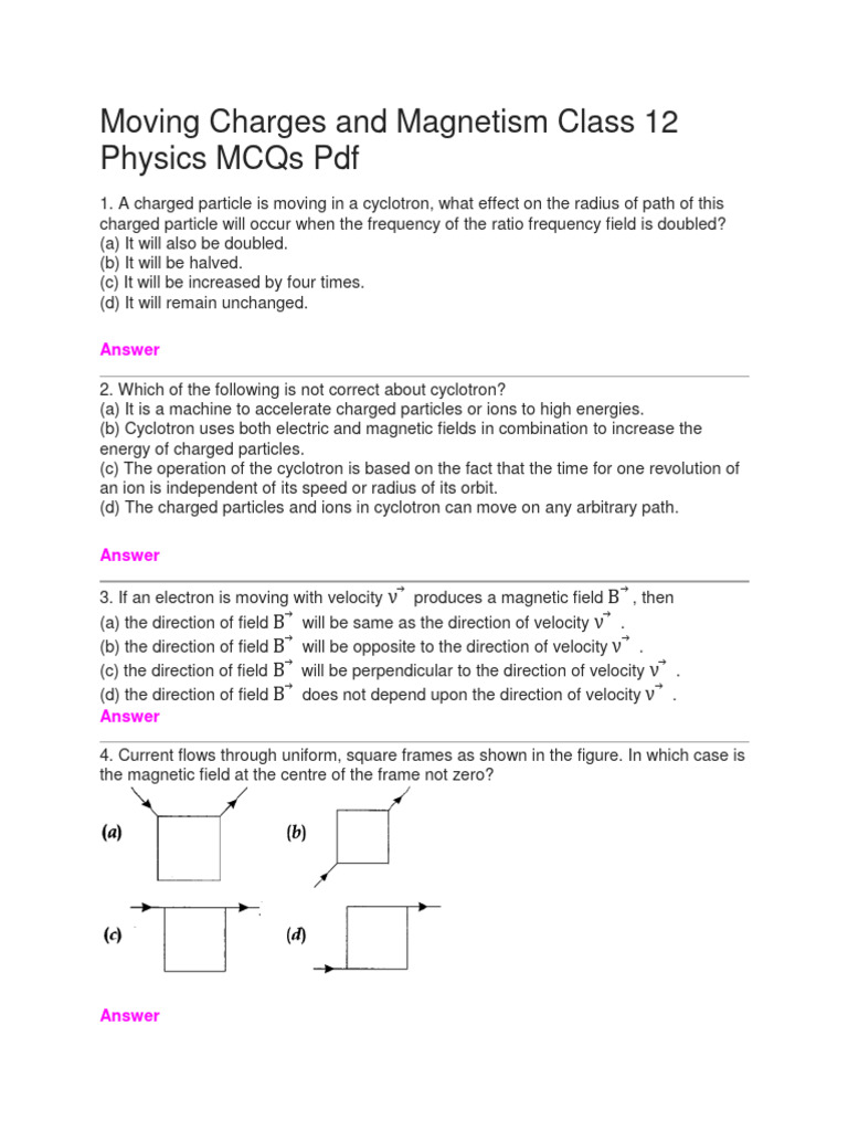 12th Physics MCQs (CH 4) NCRT | PDF | Magnetic Field | Physics