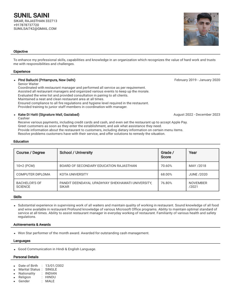 Sunil Kumar Resume | PDF | Restaurants | Waiting Staff