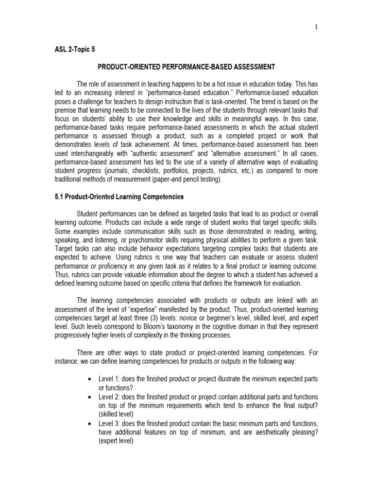 ASL 2 Topic 5 Product-Oriented Performance-Based Assessment | PDF | Educational Assessment ...