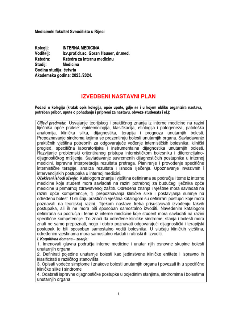 Inp Obrazac - 2023 2024 Interna Medicina | PDF