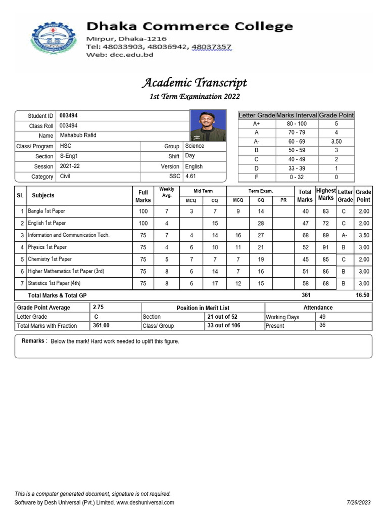 1st Term AcademicTranscript | PDF | Educational Assessment And ...