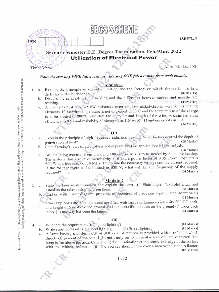 VTU Question Paper of 18EE742 Utilization of Electrical Power Feb-2022 ...