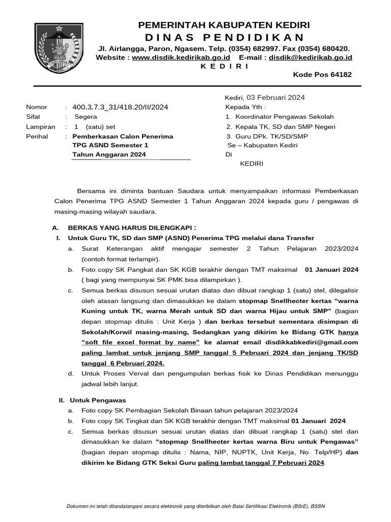 Surat Edaran Pemberkasan Tpg Asnd Semester 1 Tahun 2024 Pdf