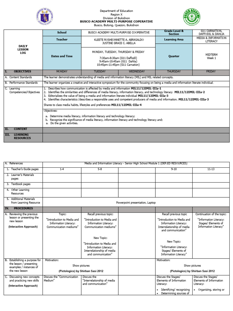 Mil Week 1 DLL - 093933 | PDF | Information Literacy | Information