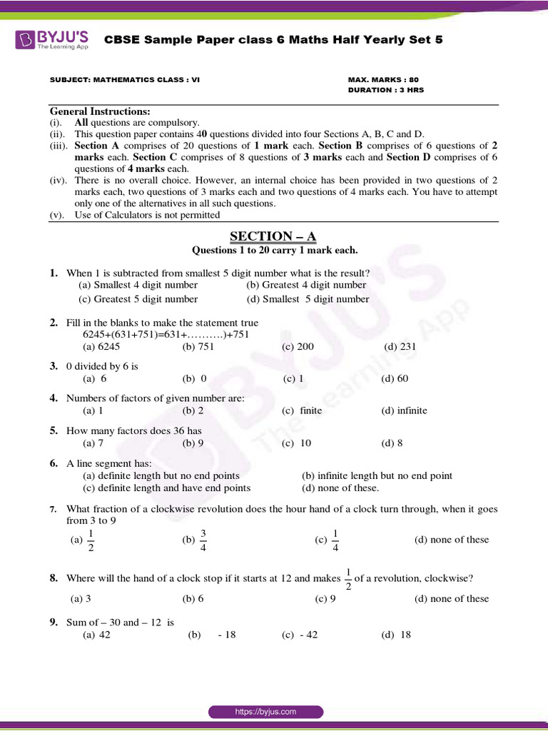 CBSE Sample Paper Class 6 Maths Half Yearly Set 5 | PDF | Numbers | Mathematical Concepts