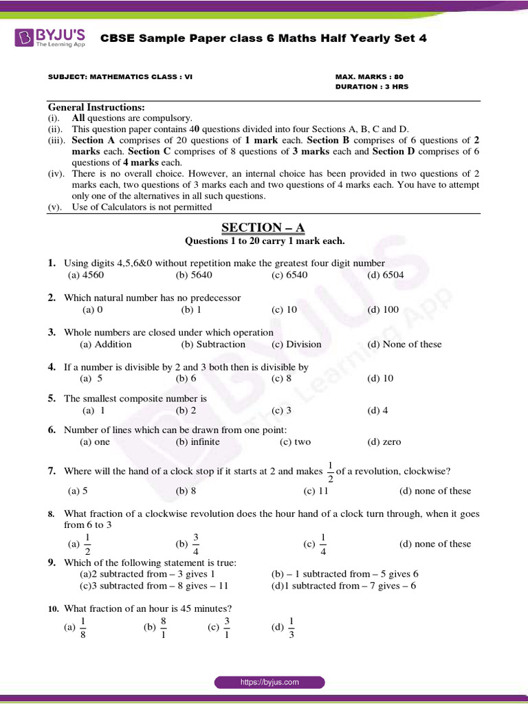 CBSE Sample Paper Class 6 Maths Half Yearly Set 4 | PDF | Triangle ...