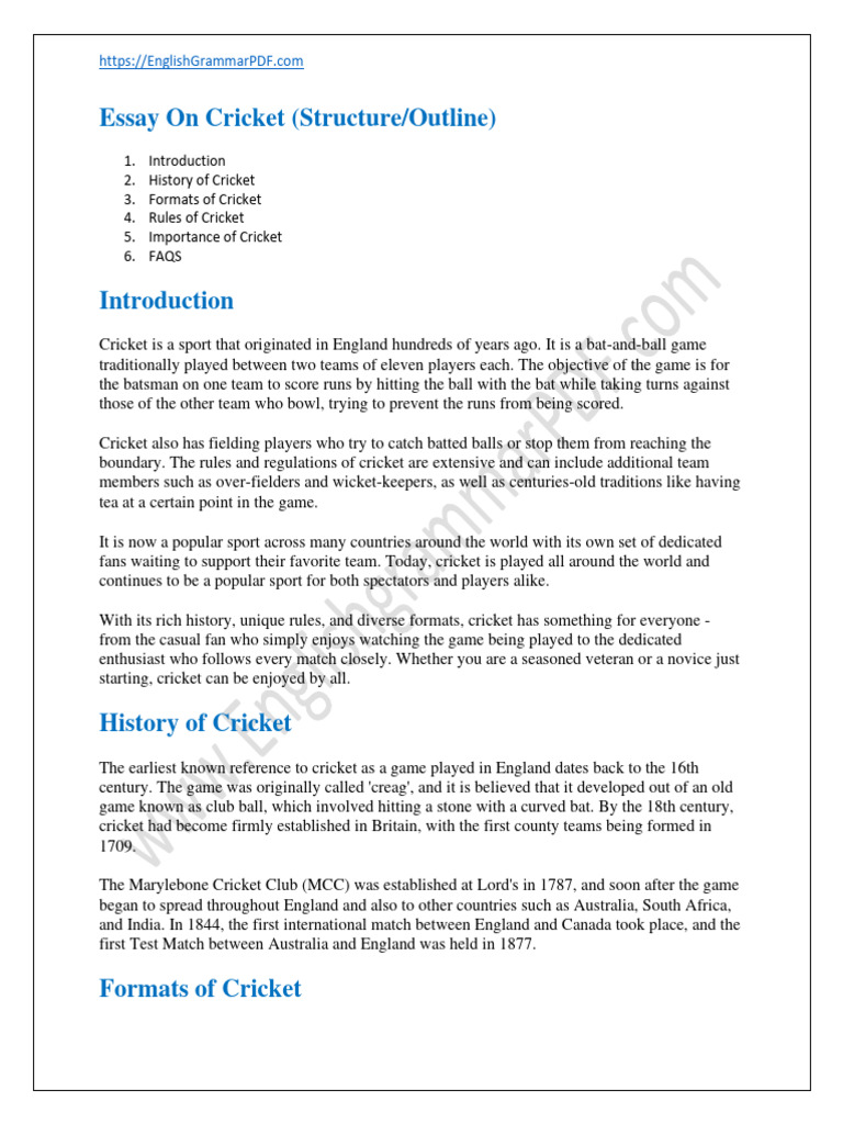 Essay On Cricket | Download Free PDF | Cricket | England Cricket Team