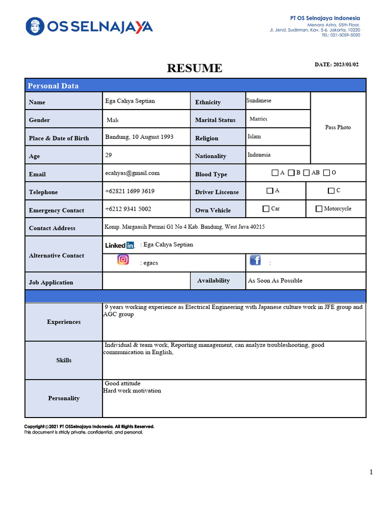 (2023) Personal Data Form PT OS Selnajaya Indonesia | PDF | Electricity ...