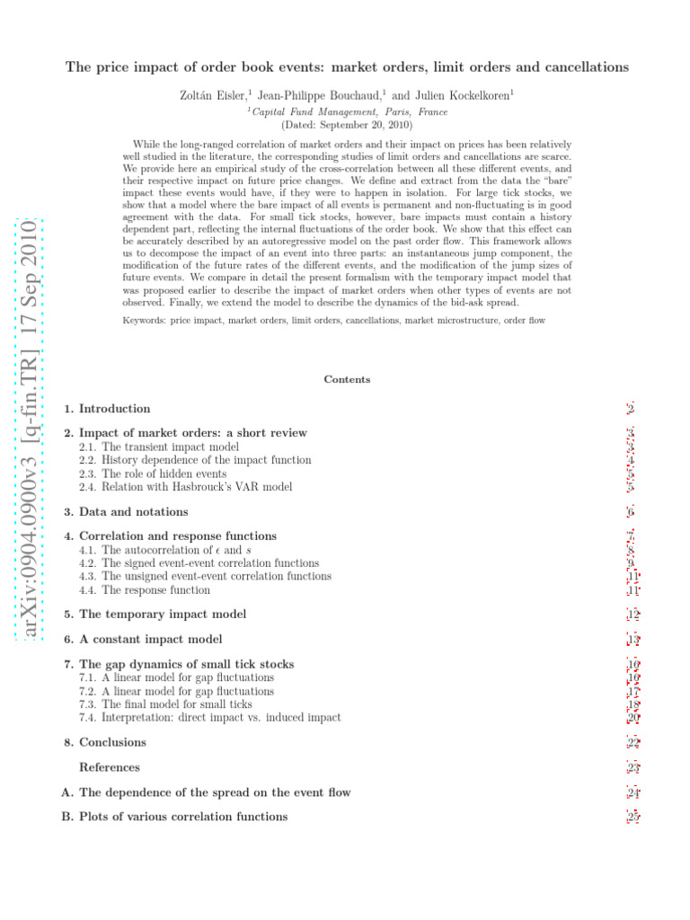 The Price Impact of Order Book Events: Market Orders, Limit Orders and Cancellations | PDF