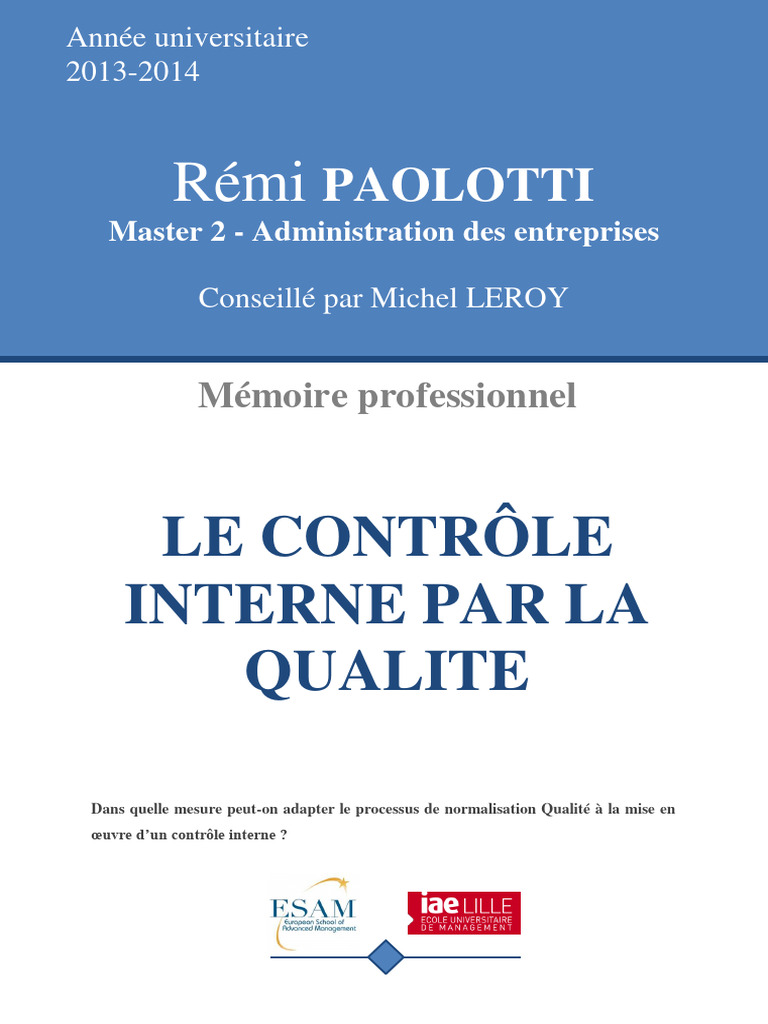 Contrôle Interne et Qualité : Adaptation et Intégration | PDF | Système de management de la ...