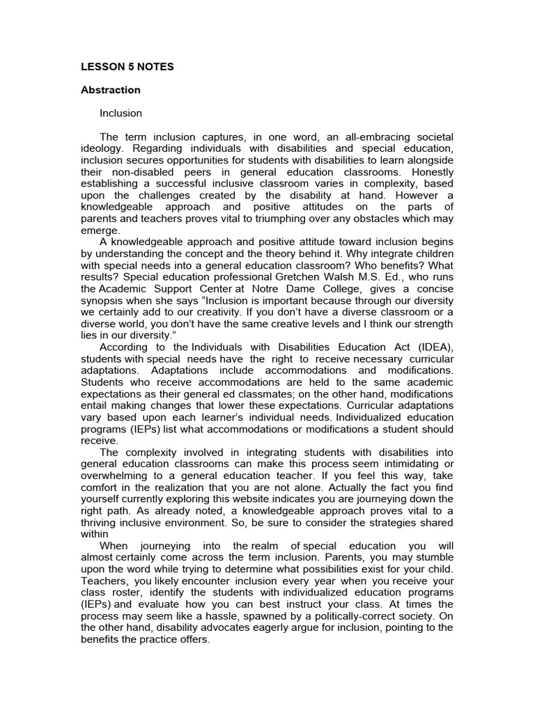Lesson 5 Notes | PDF | Inclusion (Education) | Special Education