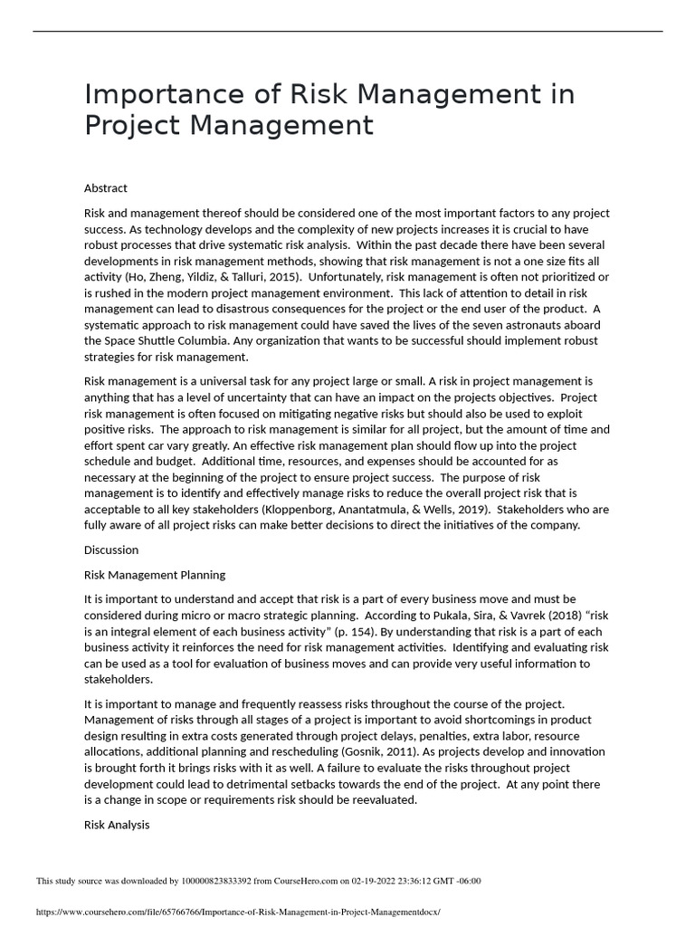 Importance of Risk Management in Project Management | PDF | Risk ...