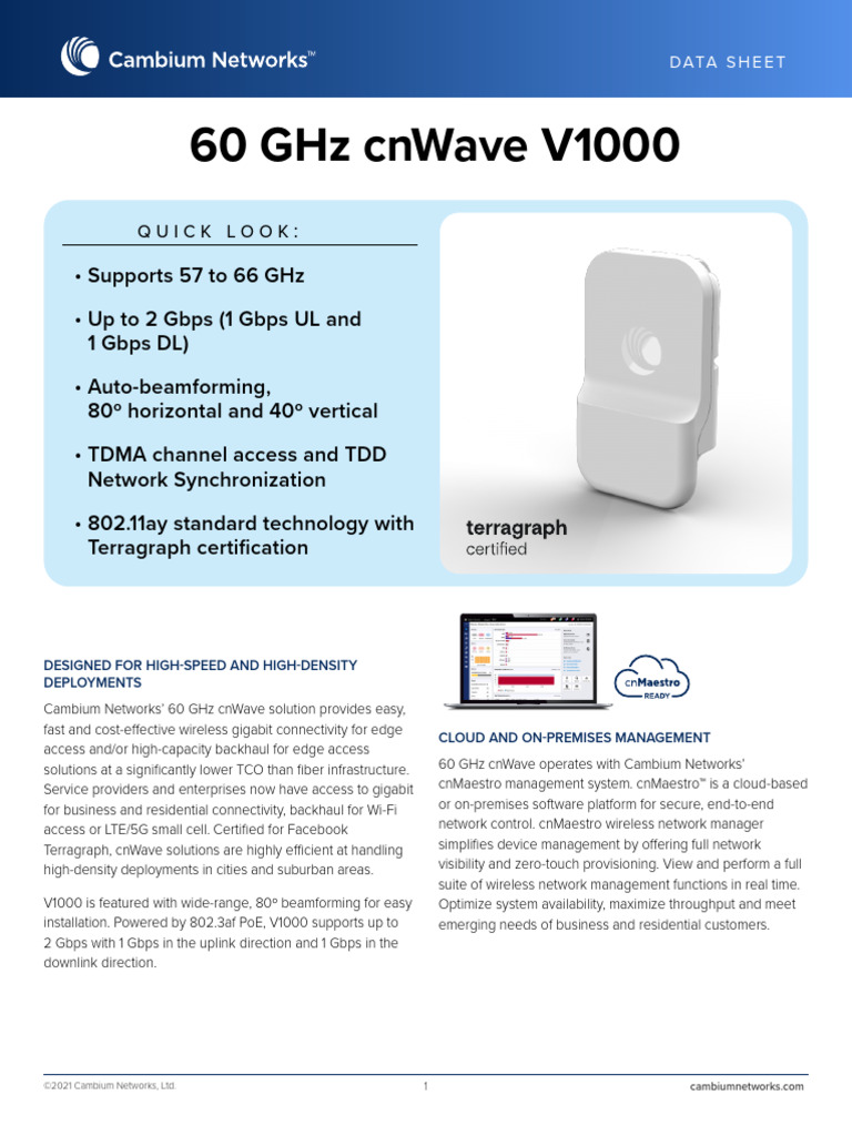 Cambium Networks Data Sheet 60GHz CnWave V1000 | PDF | Computing ...