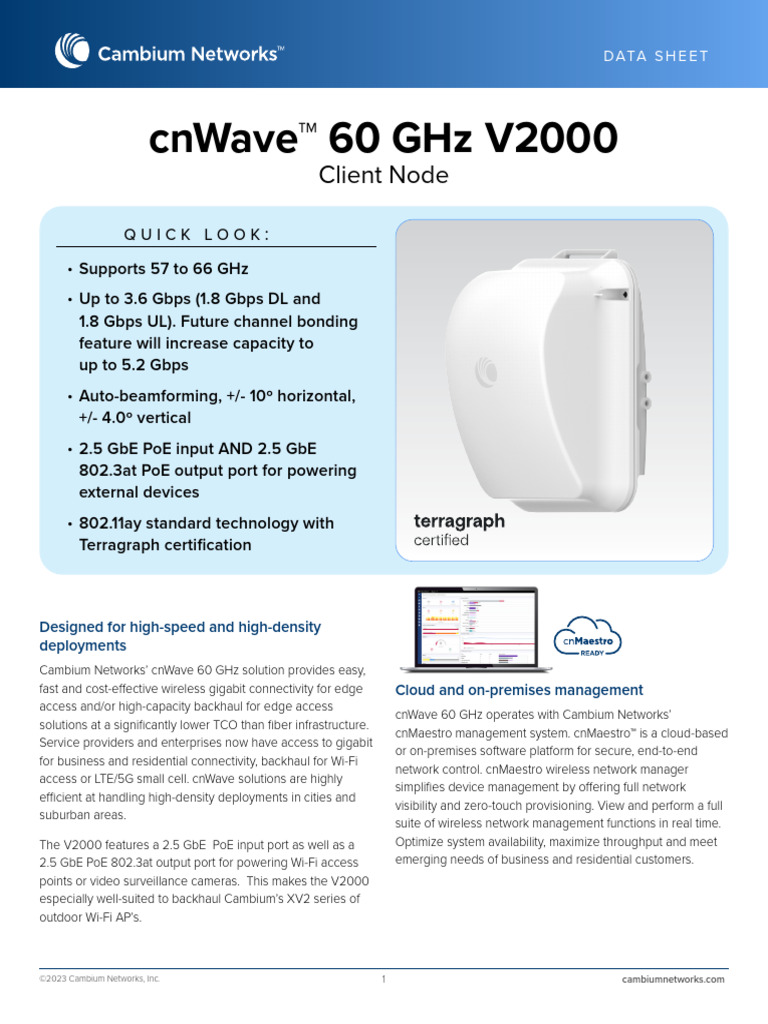 Cambium Networks Data Sheet 60GHz CnWave V2000 | PDF | Wi Fi | Computer ...