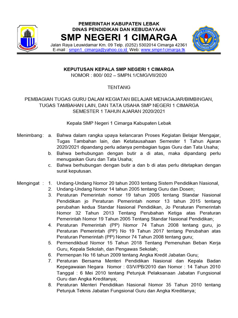 Sk 2020 2021 Smpn 1 Cimarga Semester I Print Spj Pdf