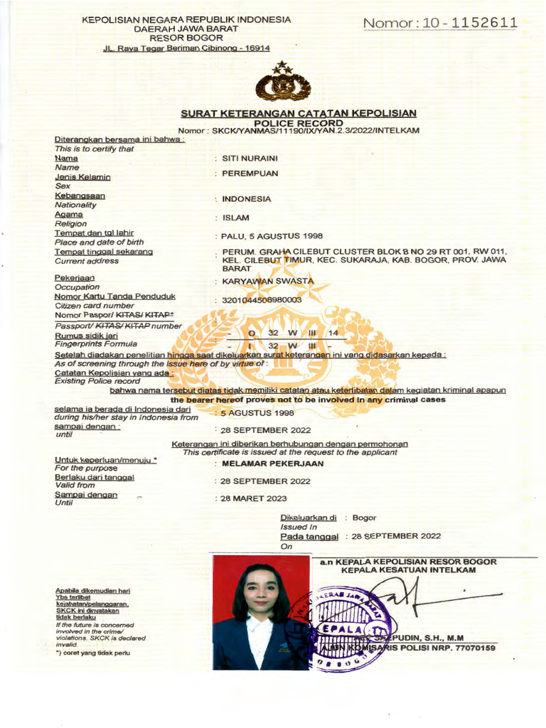 Contoh SKCK Perempuan Bogor 2023 | PDF